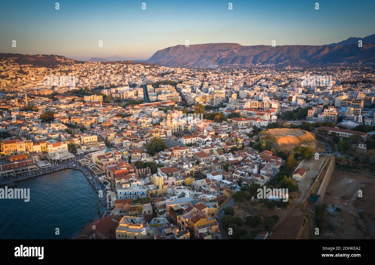 Panoramic aerial view from above of the city of Chania, Crete island ...