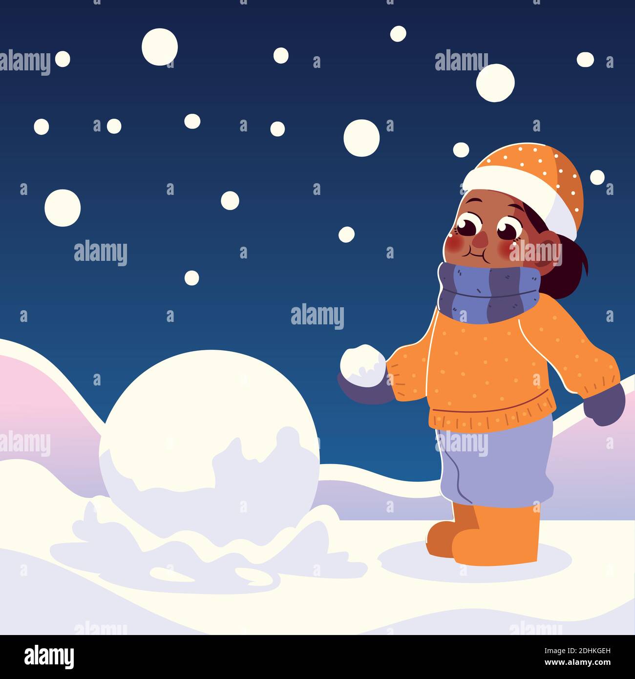 character funny boy in winter with hat and snowball vector illustration ...