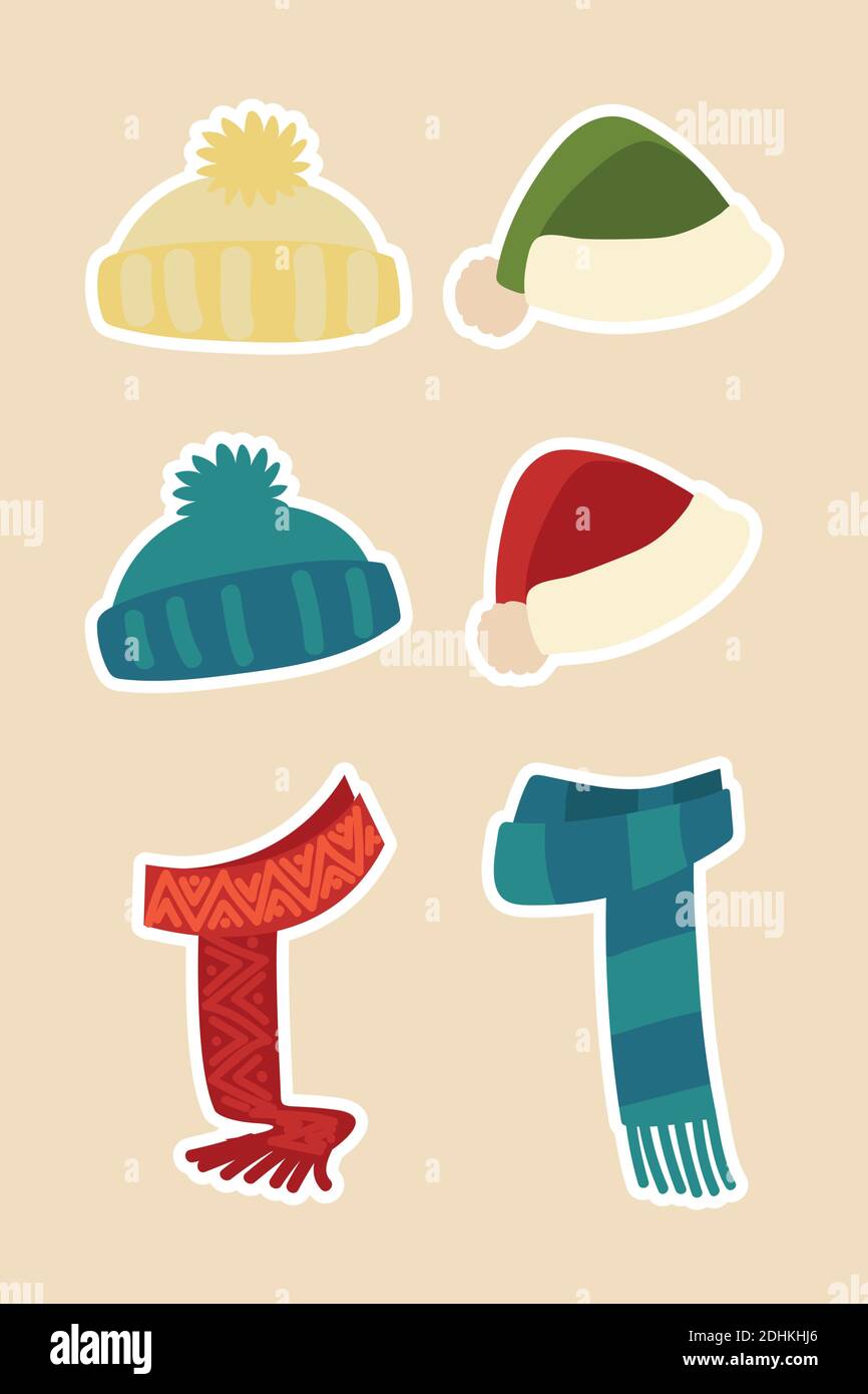 winter clothes hats scarf warm accessory fashion stickers icons vector ...