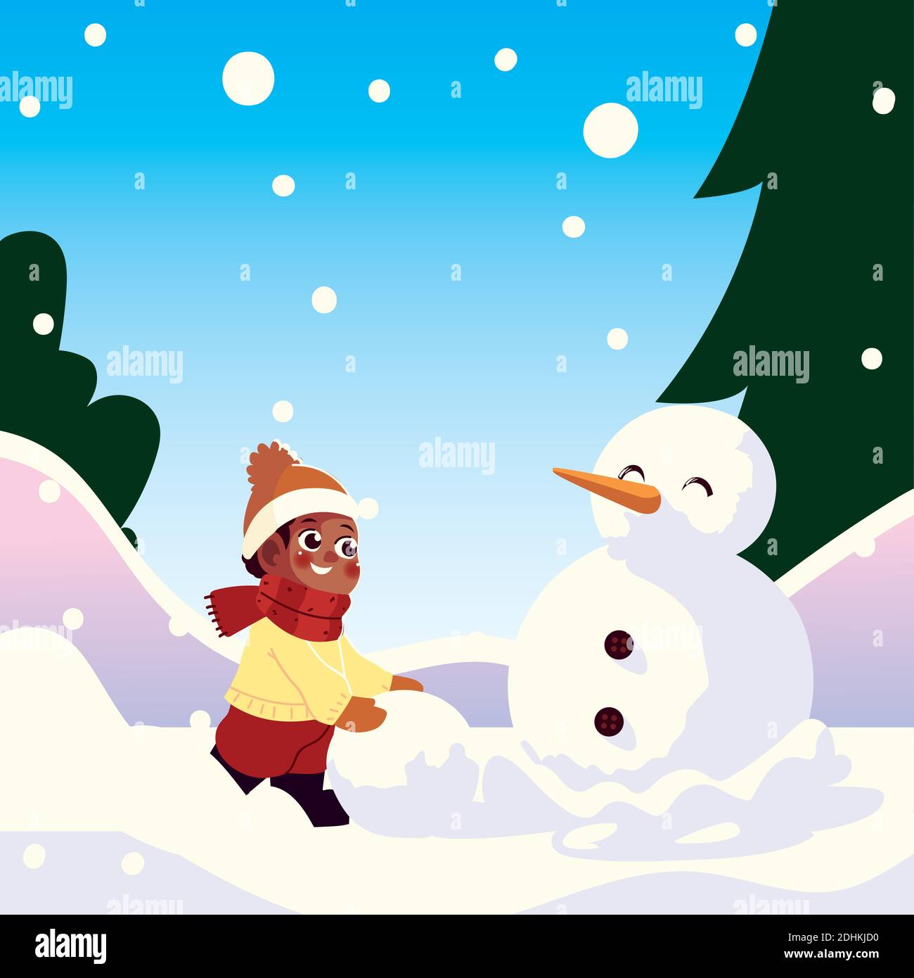 cute little boy with snowball making snowman in winter scene vector ...