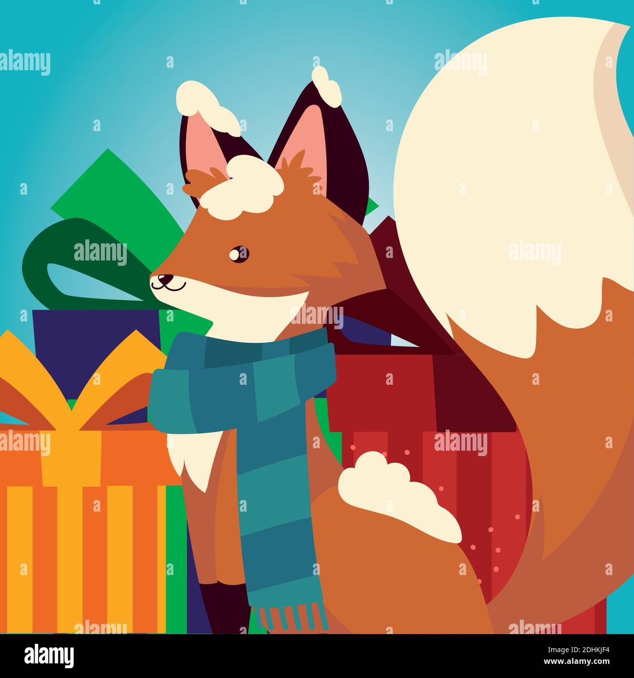 merry christmas cute fox with scarf snow and gift boxes vector ...