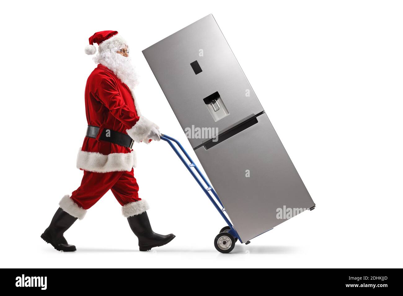 Full length profile shot of santa claus pushing a fridge on a hand ...
