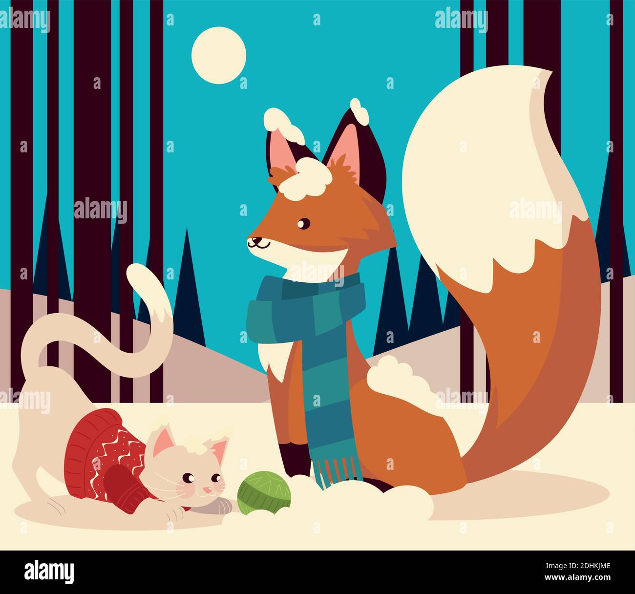 merry christmas fox and rabbit with scarf sweater and ball in the ...