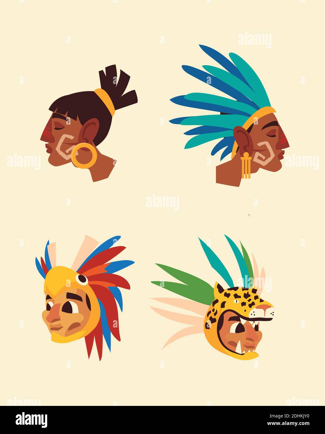 aztec warrior faces traditional headgear feathers icons vector ...