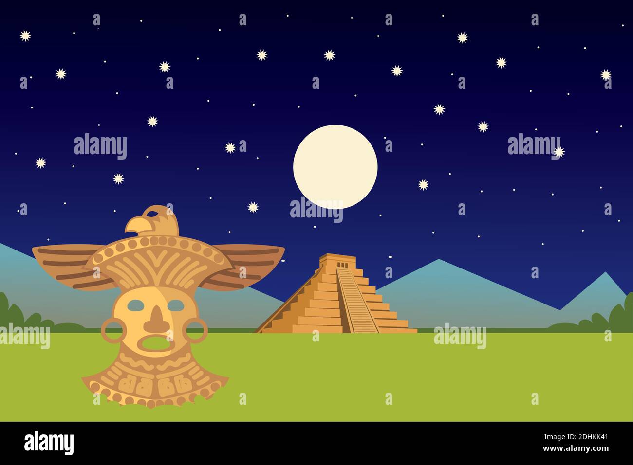aztec ornament golden mask and pyramid night landscaping vector ...