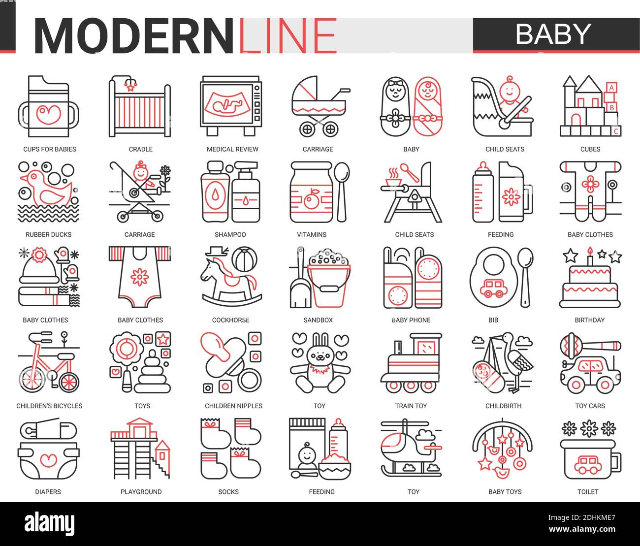 Baby care web icon vector illustration set. Red black complex thin line ...