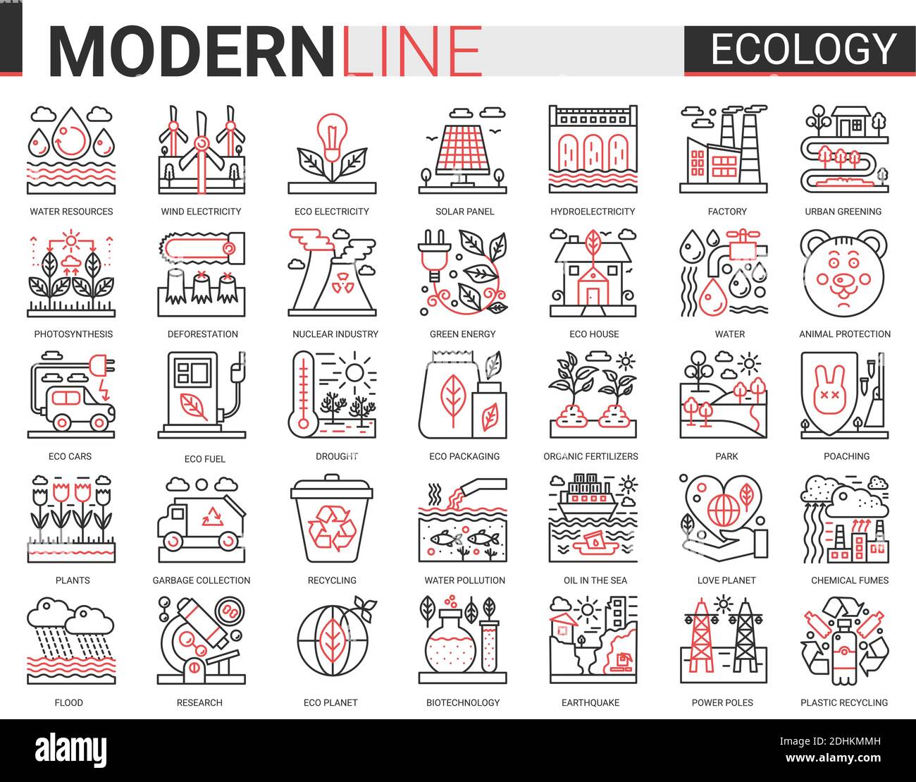 Ecology complex thin line icon vector illustration set. Red black ...