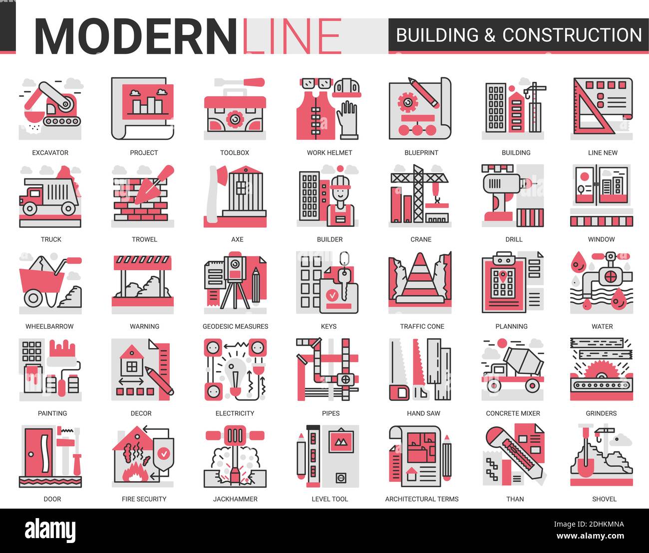 Building construction complex red black line icons vector illustration ...