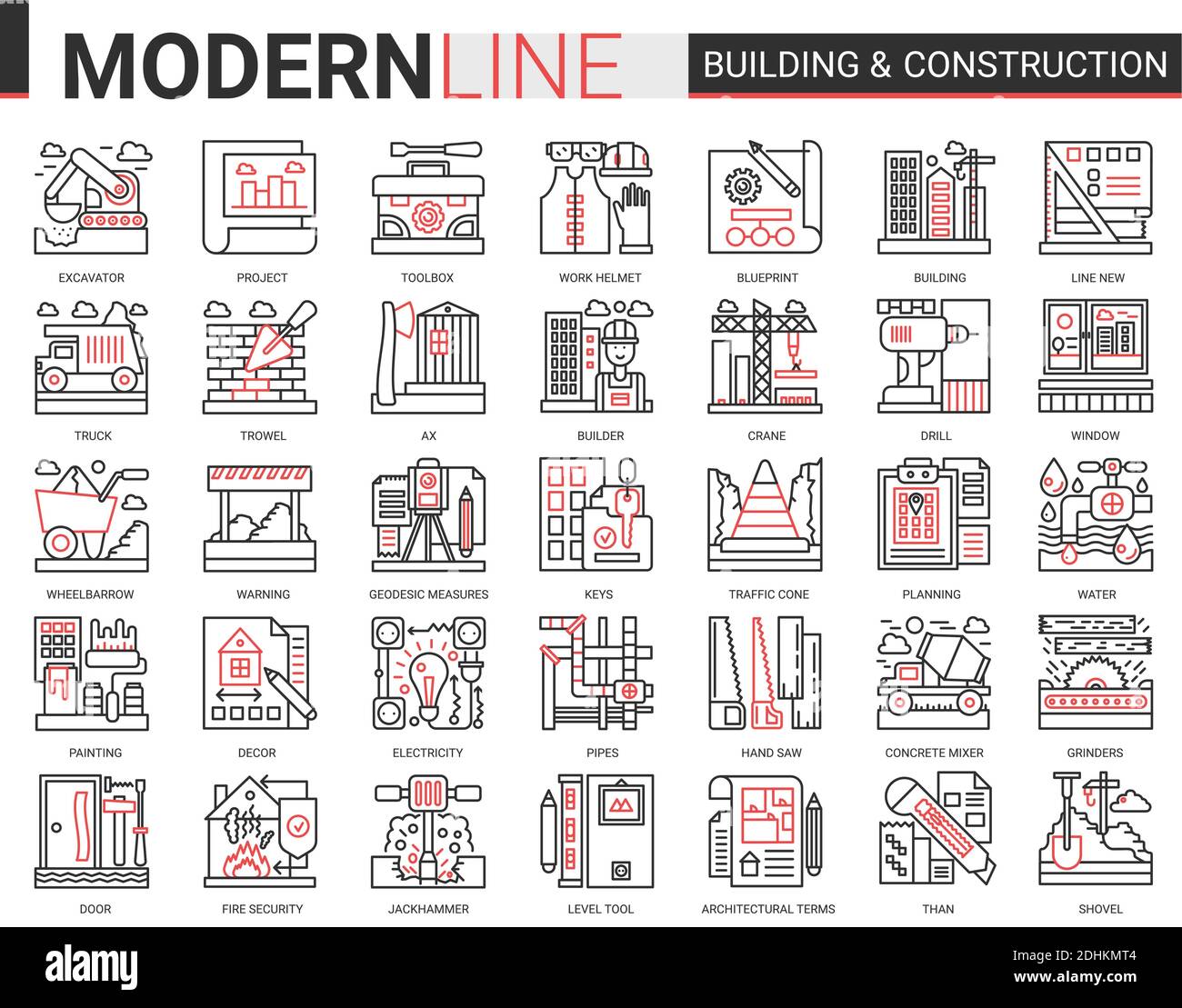 Building construction complex red black line icons vector illustration ...