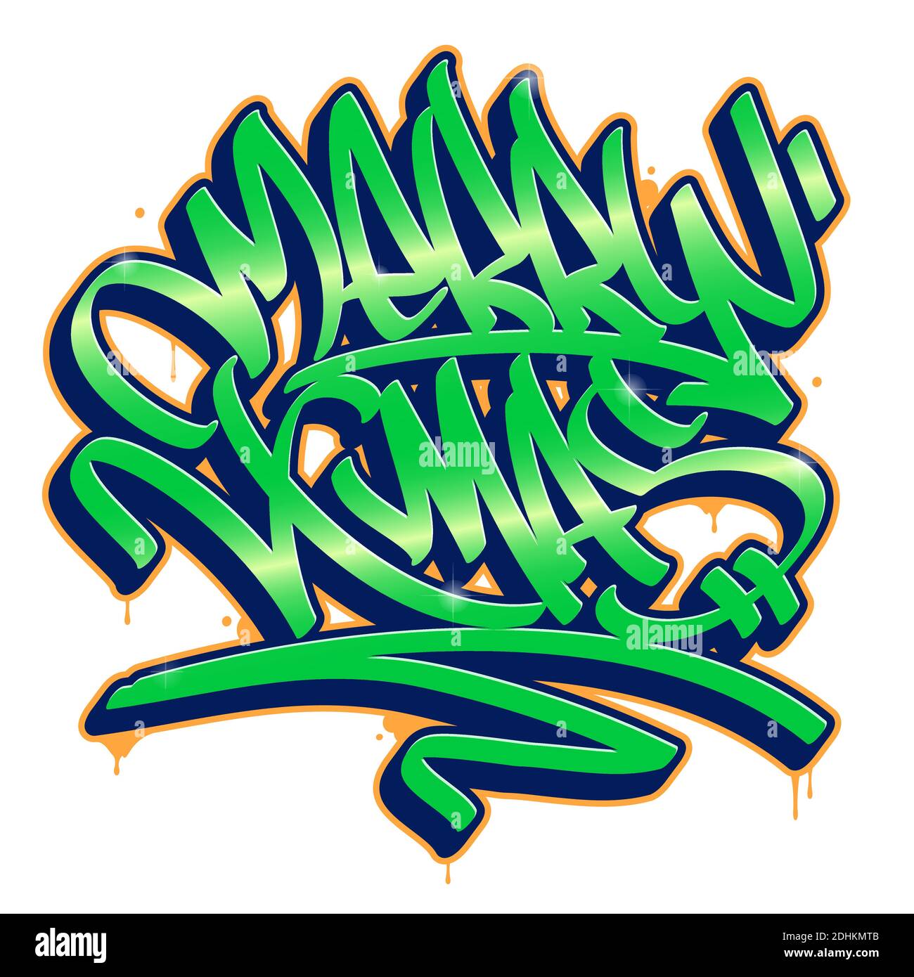 Merry Christmas lettering greeting card in graffiti style in green ...