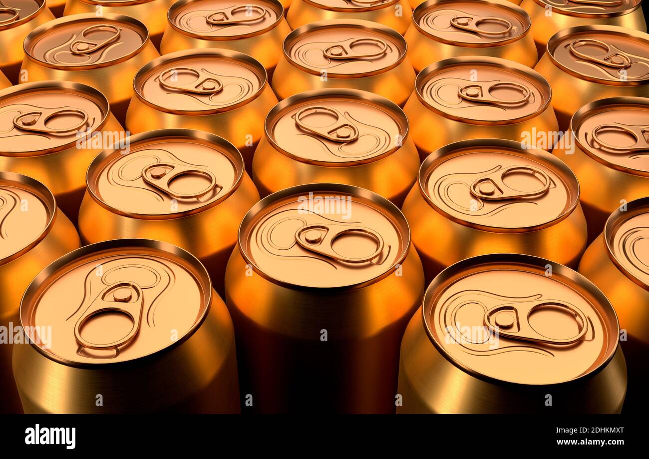 Group of gold premium aluminum energy drink cans from above close up ...