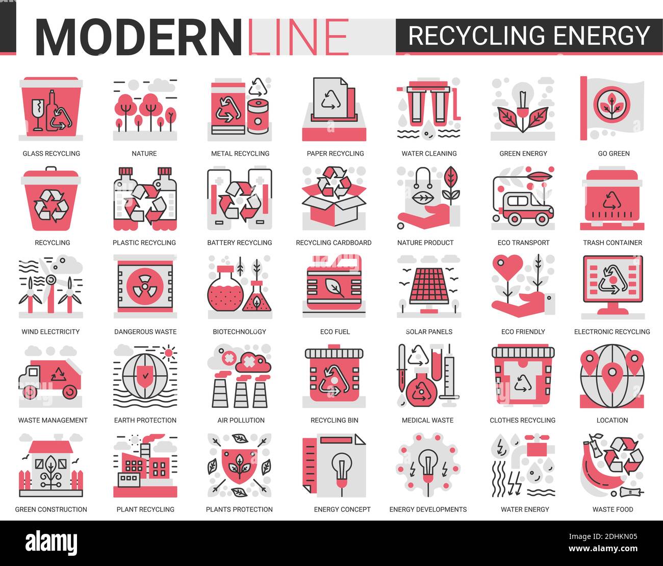 Recycling Renewable green energy complex red black flat line icons set ...
