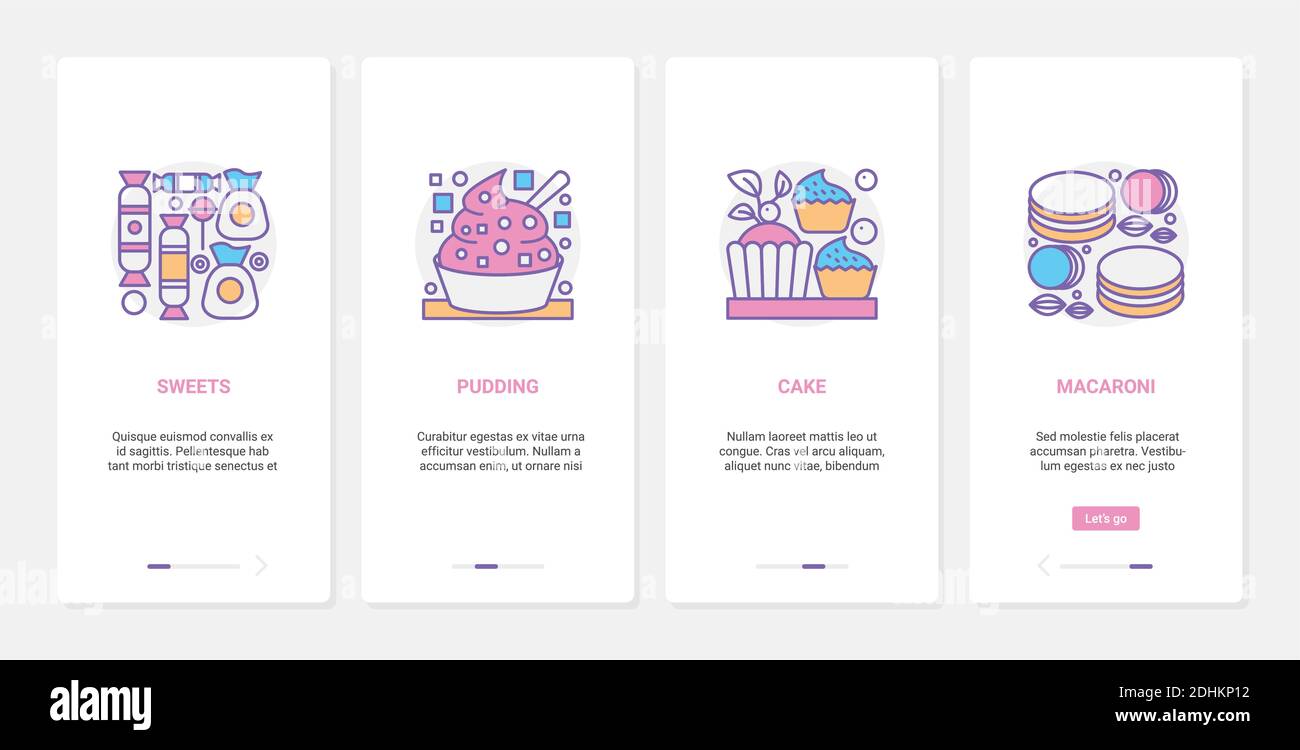 Sweet bakery food products vector illustration. UX, UI onboarding ...