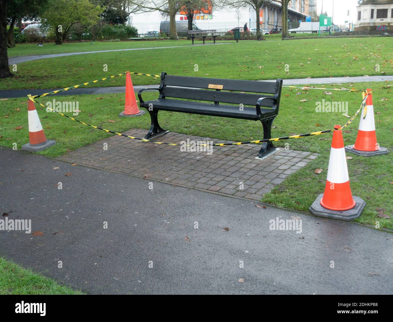 Cones Surrounding a Park Bench Stock Photo - Alamy