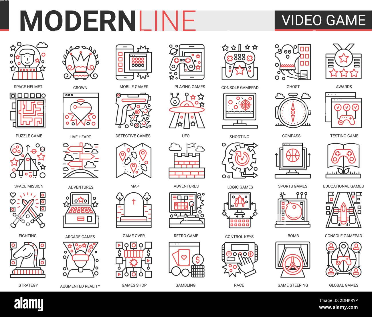 Video game complex red black thin line icon vector illustration set with outline entertainment ...