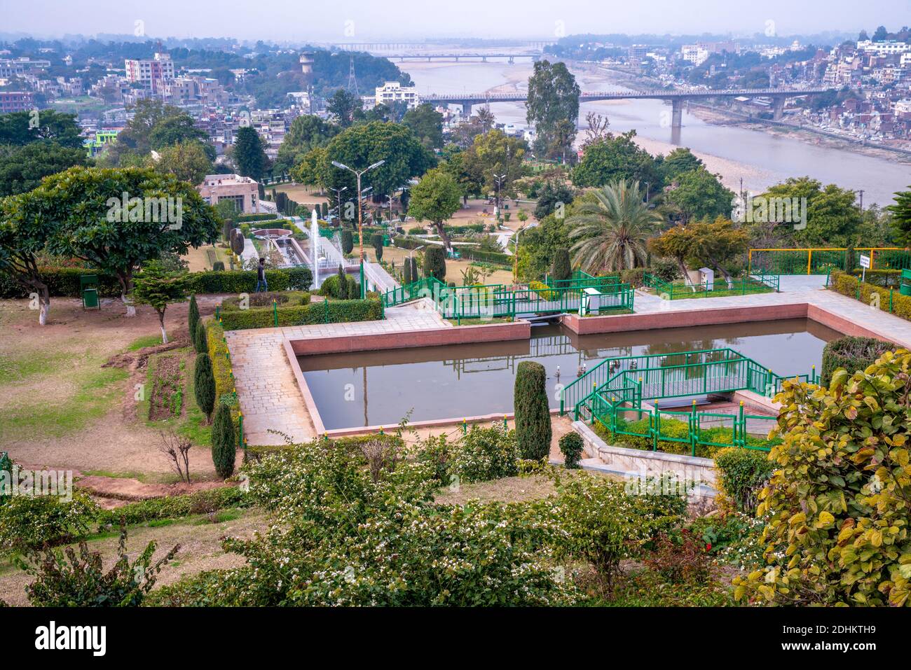Aerial view on Bagh-E-Bahu park and Jammu city with Tawi river . Beauty ...