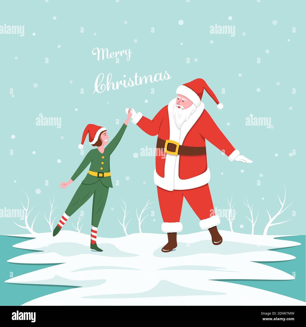 Santa Claus making high-five with a little girl on winter background ...