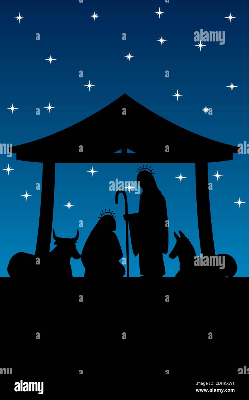 nativity scene manger in silhouette mary joseph ox and donkey night ...