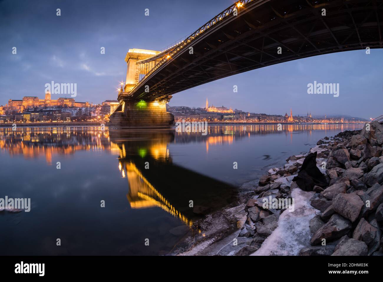 Ice flowing on river Danube in Budapest, Hungary at night Stock Photo ...
