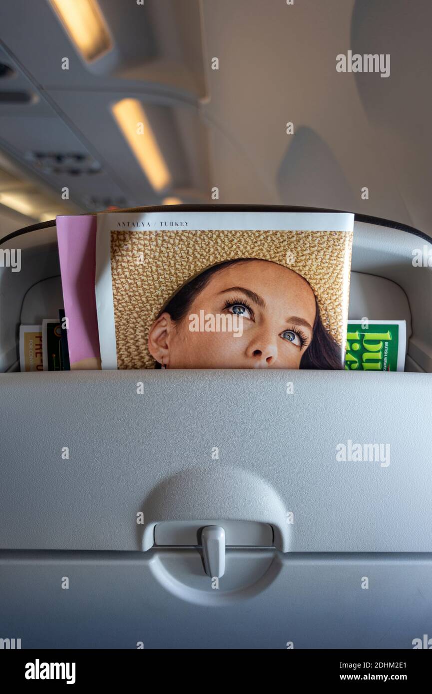 Airplane seat with in flight magazine. Travel Stock Photo - Alamy