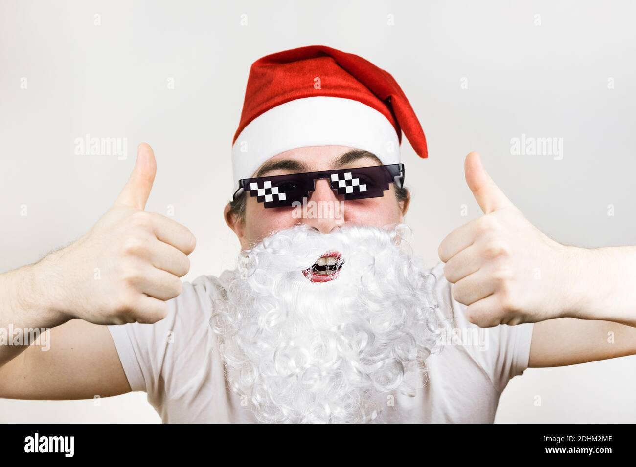 Santa Claus Hand Thumb Up Gesture on red background. Finger up. Like ...