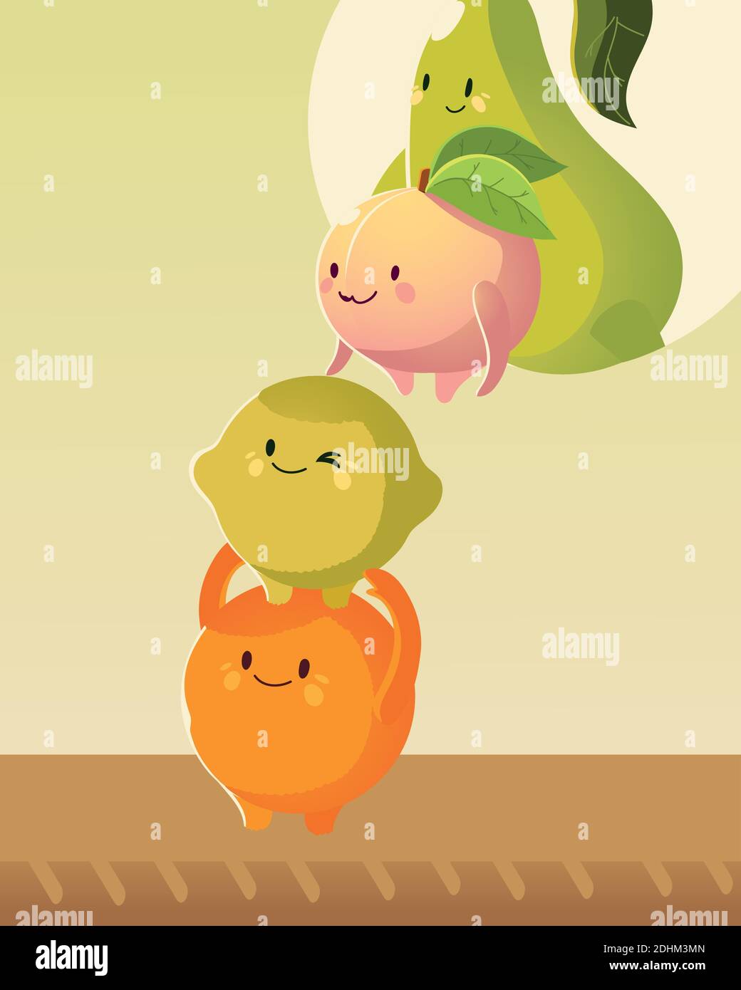 fruits kawaii funny cartoon pear peach lemon and orange vector ...