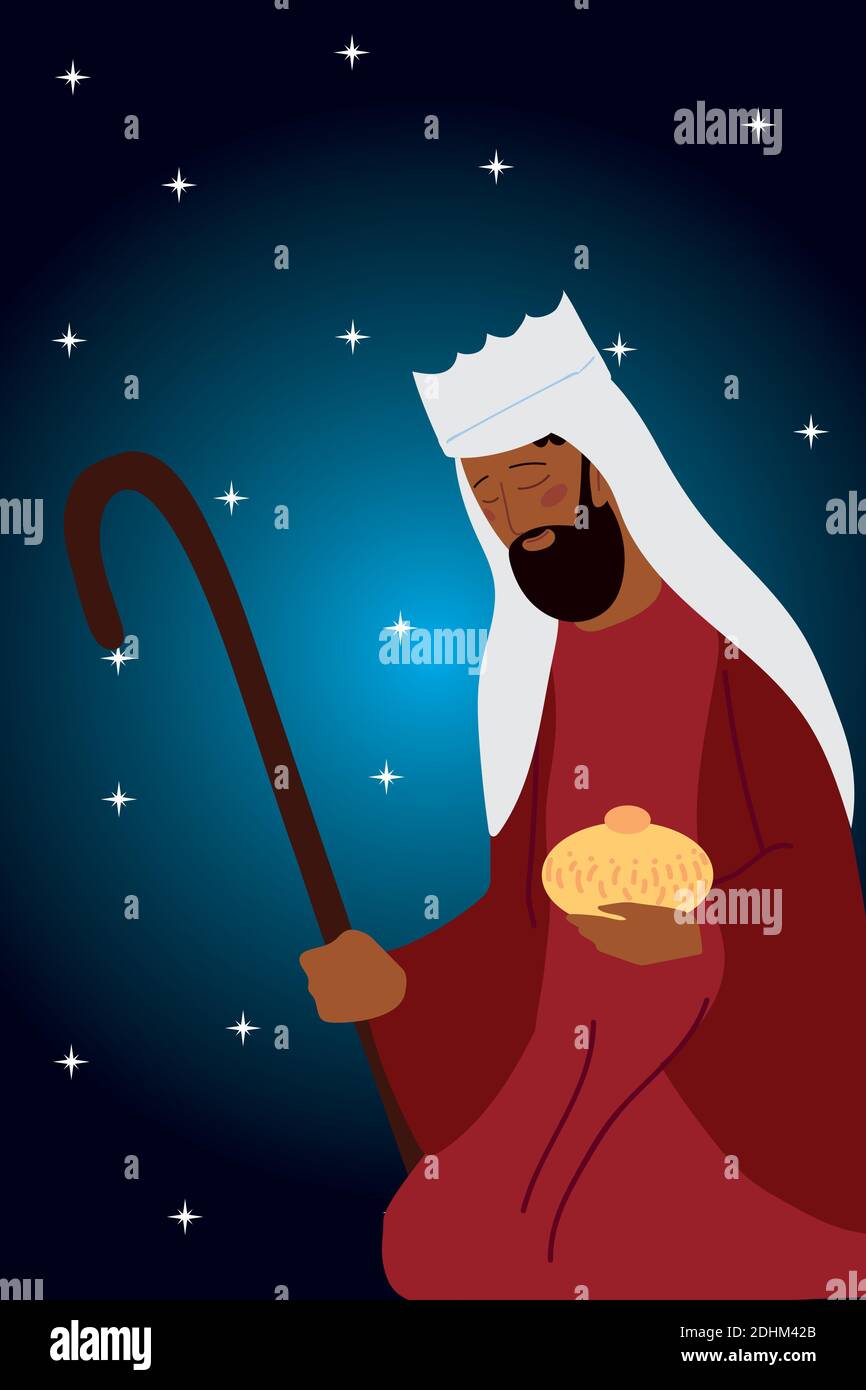 nativity melchior wise king with gift, stars background vector ...