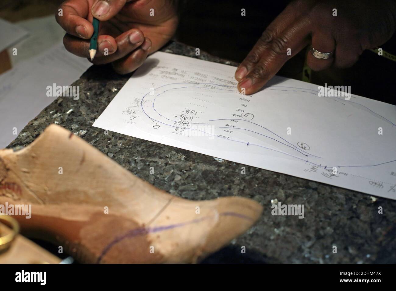 The last-maker establishing the size of the handmade shoe for a ...