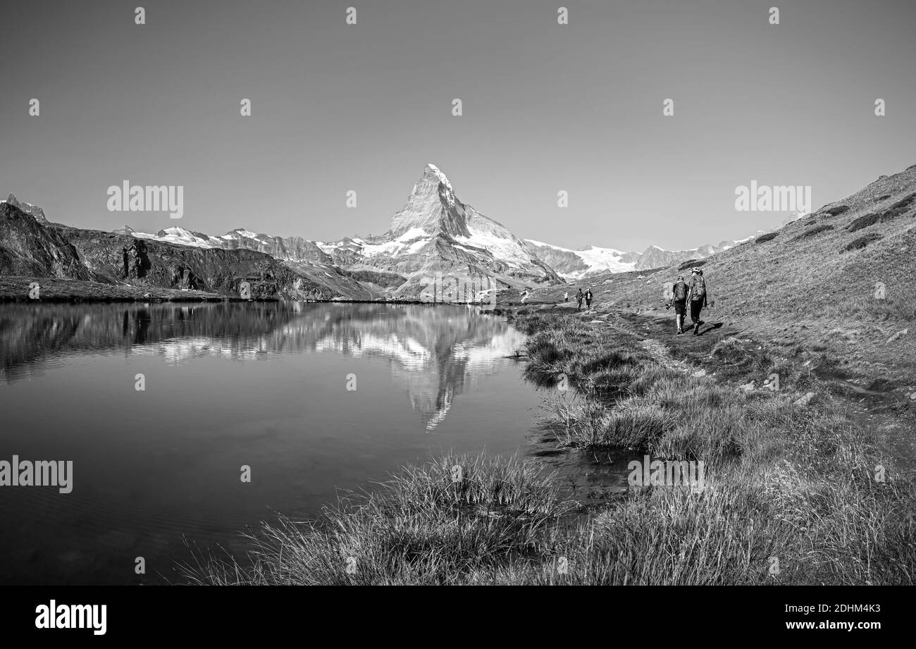 Sunset view on Bernese range above Bachalpsee lake. Popular tourist ...