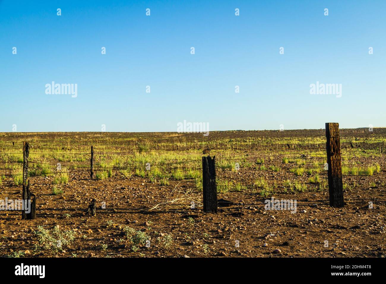 Old wood fence with fire damage on a flat prairie under a blue sky ...
