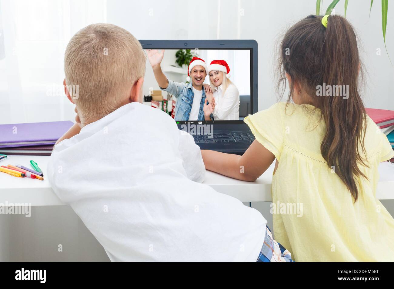 kids having web chat call conference. Remote congratulation of children ...