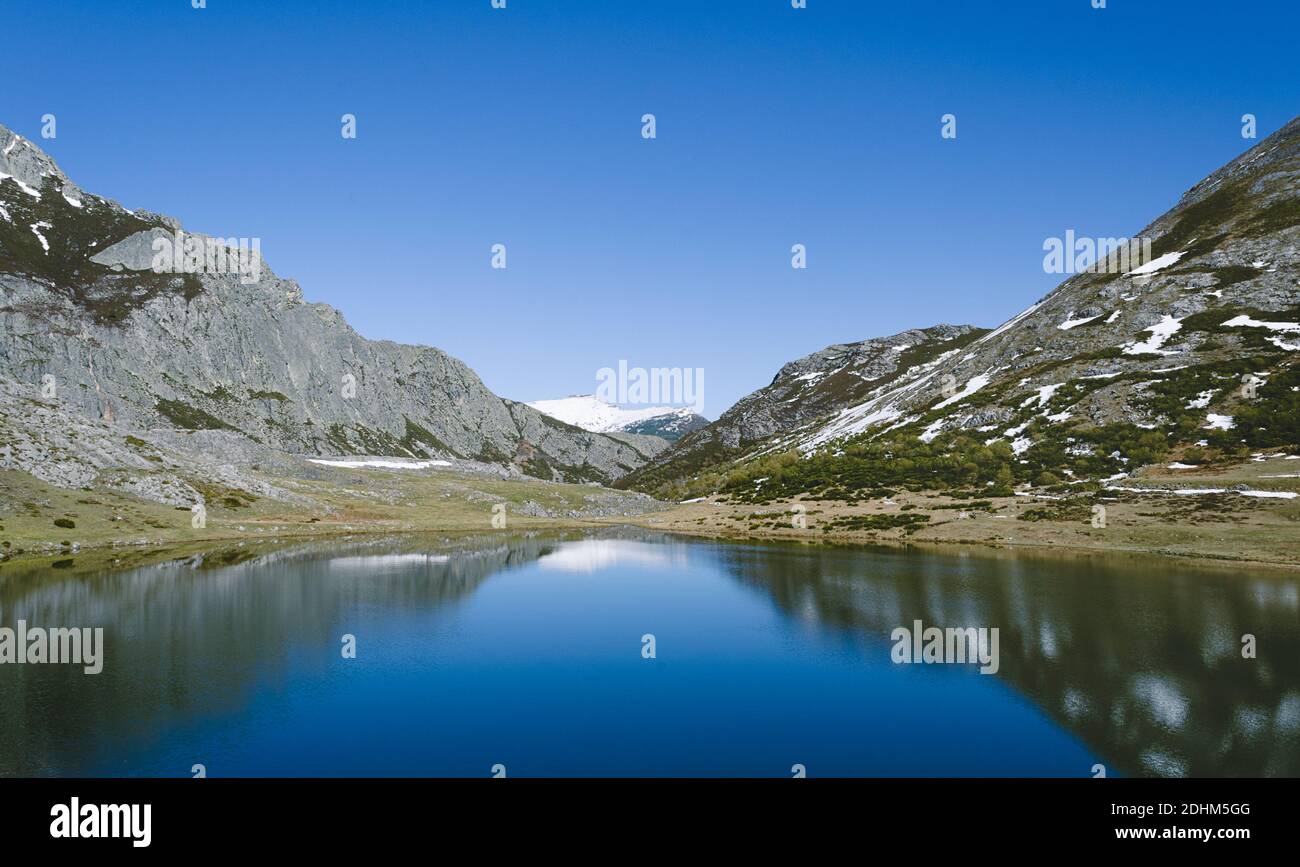 Lake Isoba, Leon. Spain. Mountain landscape with lake and snowy ...
