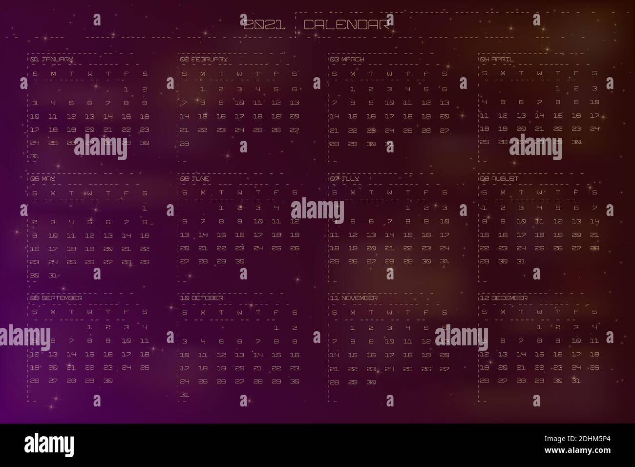 2021 calendar dark space astro style. Night cosmic violet orange ...