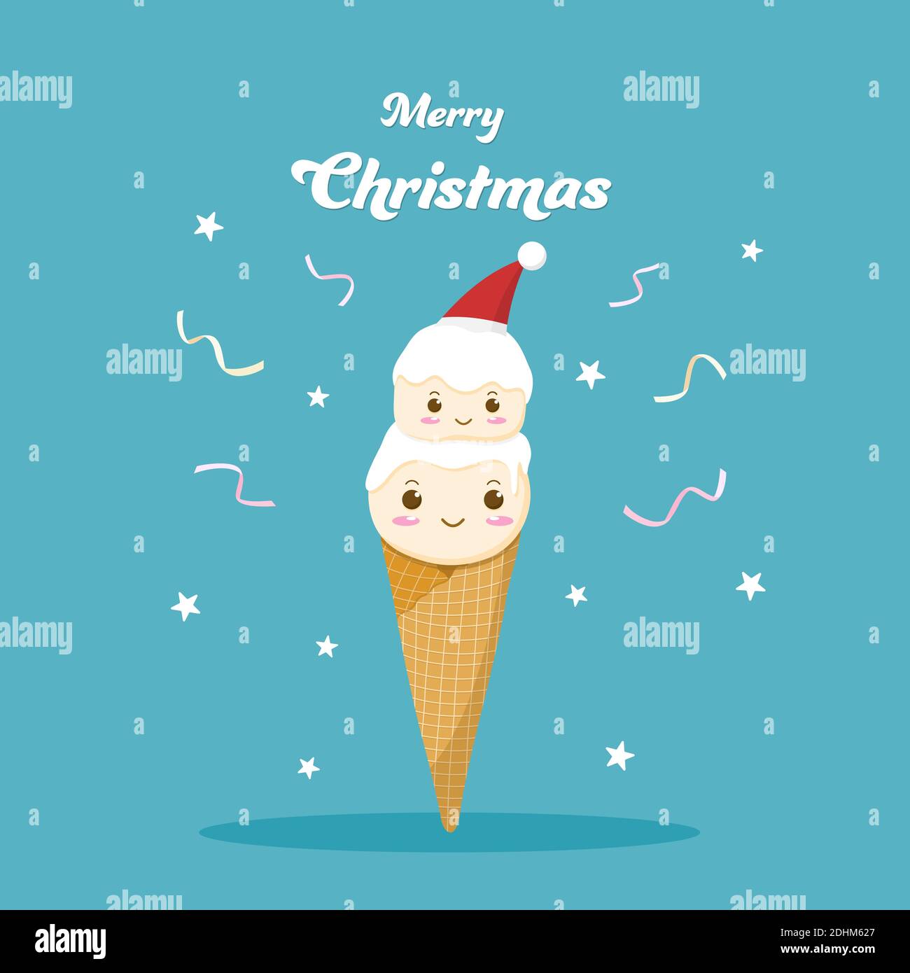 Ice cream cone with Christmas decoration. Cute cartoon vector ...