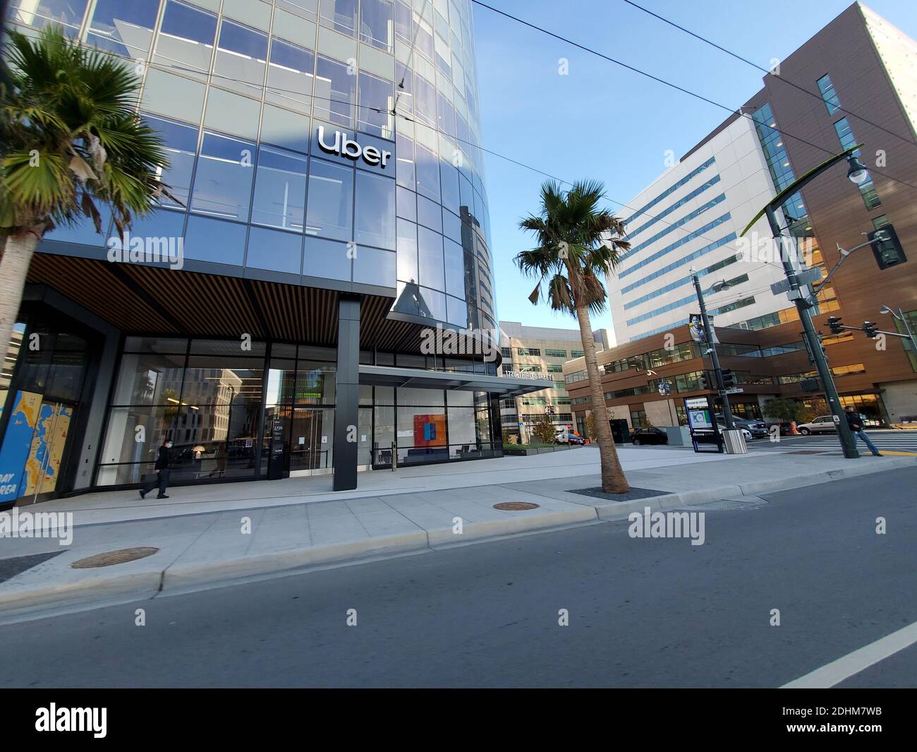 Low-angle shot of a commercial with a visible Uber sign at the new ...