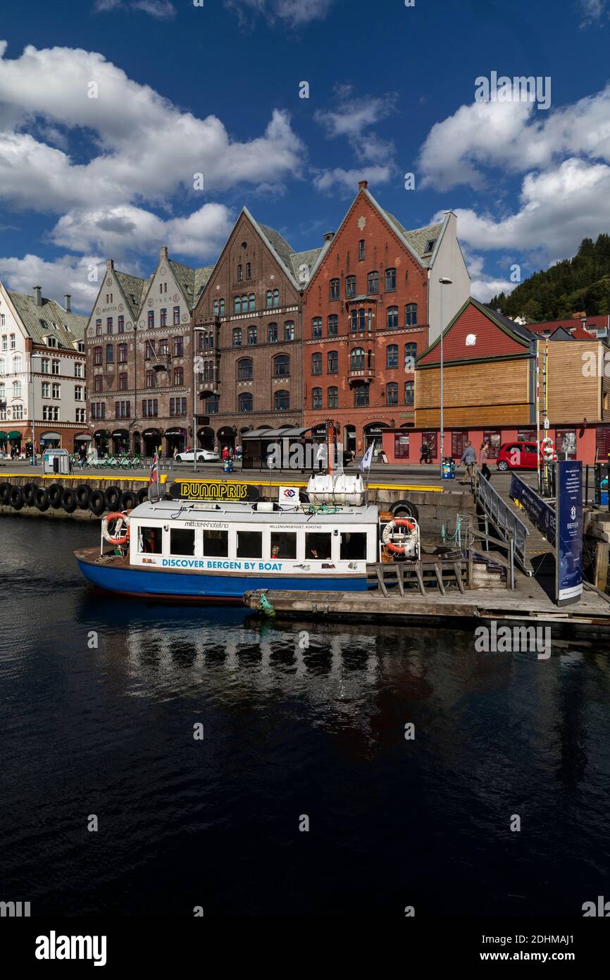 The small harbor ferry Vaagen at Bryggen quay in the port of Bergen ...