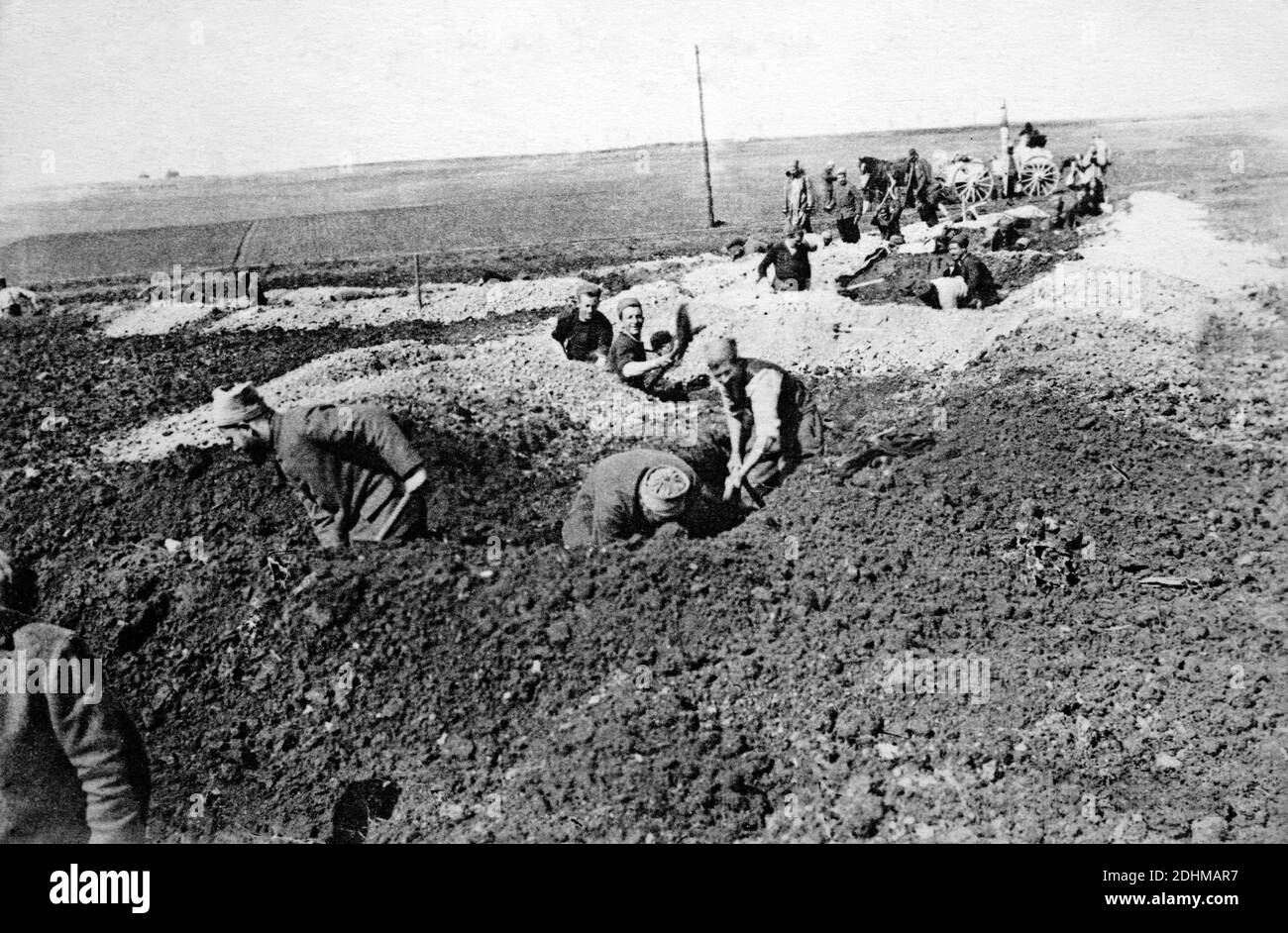 A historical photograph of Algerian tirailleurs digging trenches outside Villers-au-Bois, Pas-de ...