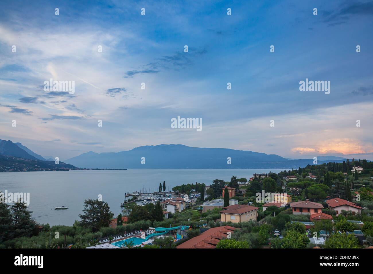 Portese, Italy, beautiful sunset above water at Lake Garda Stock Photo ...