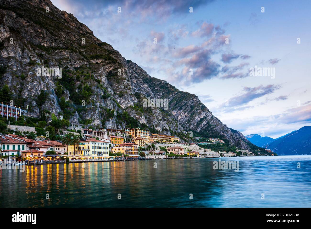 Limone sul Garda village at the lake, during a summer sunset. Popular ...