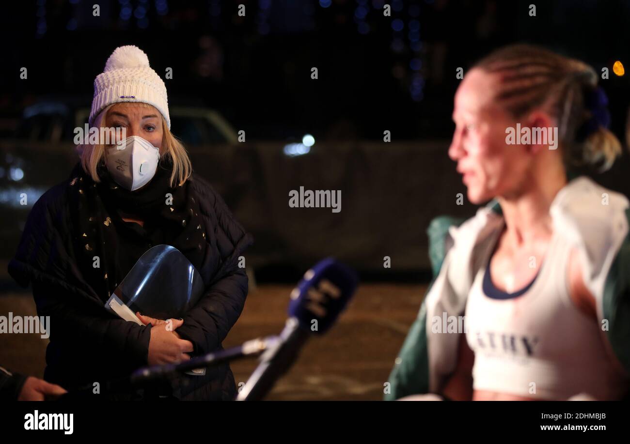 Cathy McAleer (right) speaks to reporters as manager Kellie Maloney at ...