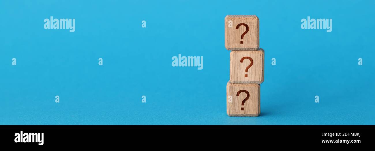 On blue background, there is pyramid of cubes with question mark Stock ...
