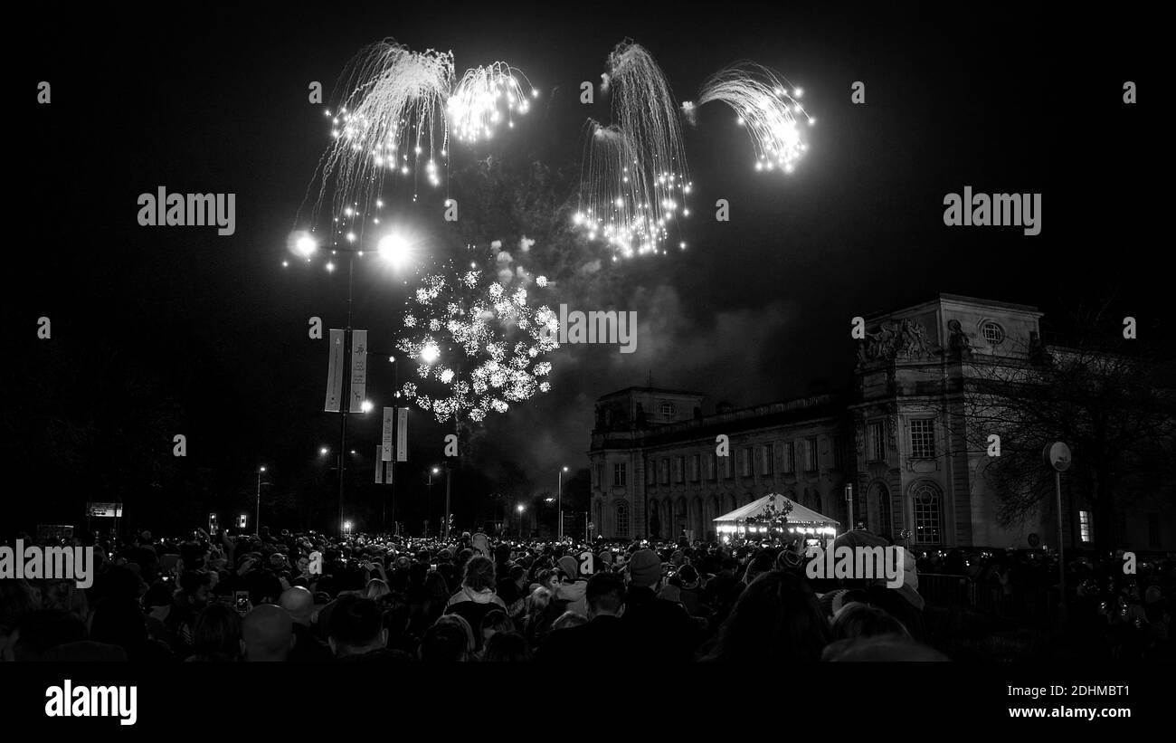 New Years Eve fireworks in Cardiff Wales in black and white - CARDIFF ...