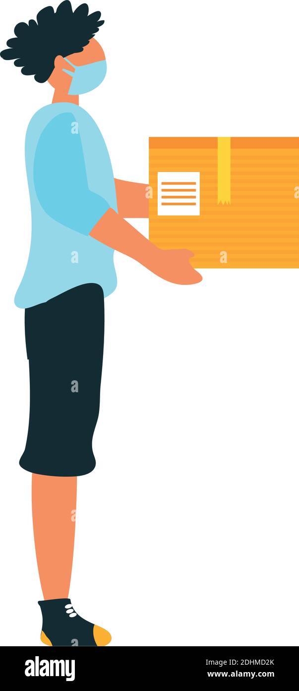 young customer with mask and cardboard box service vector illustration ...