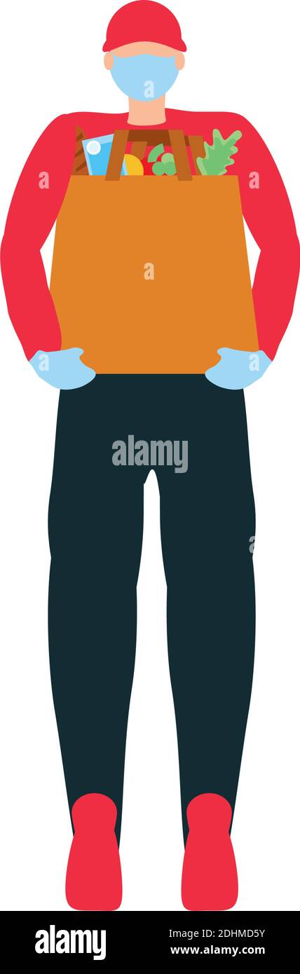 delivery man with mask holds grocery paper bag vector illustration ...