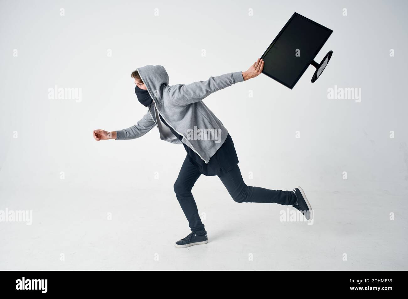 man steals equipment disguise escape crime isolated background Stock ...