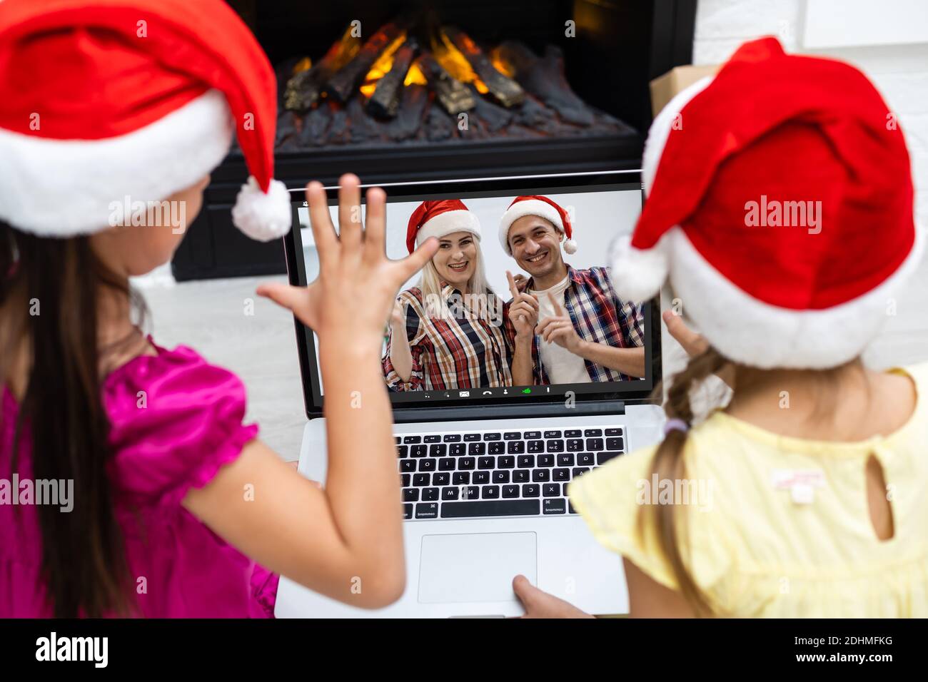 kids having web chat call conference. Remote congratulation of children ...