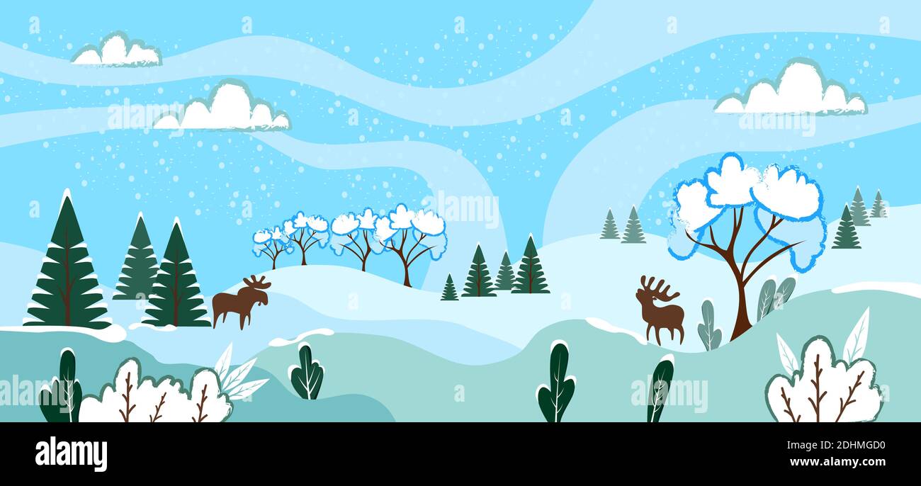 Winter landscape with snowy fields and fir trees. Christmas background ...