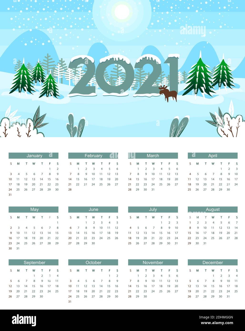 New year calendar for 2021 with weeks start from Sunday. Vector ...