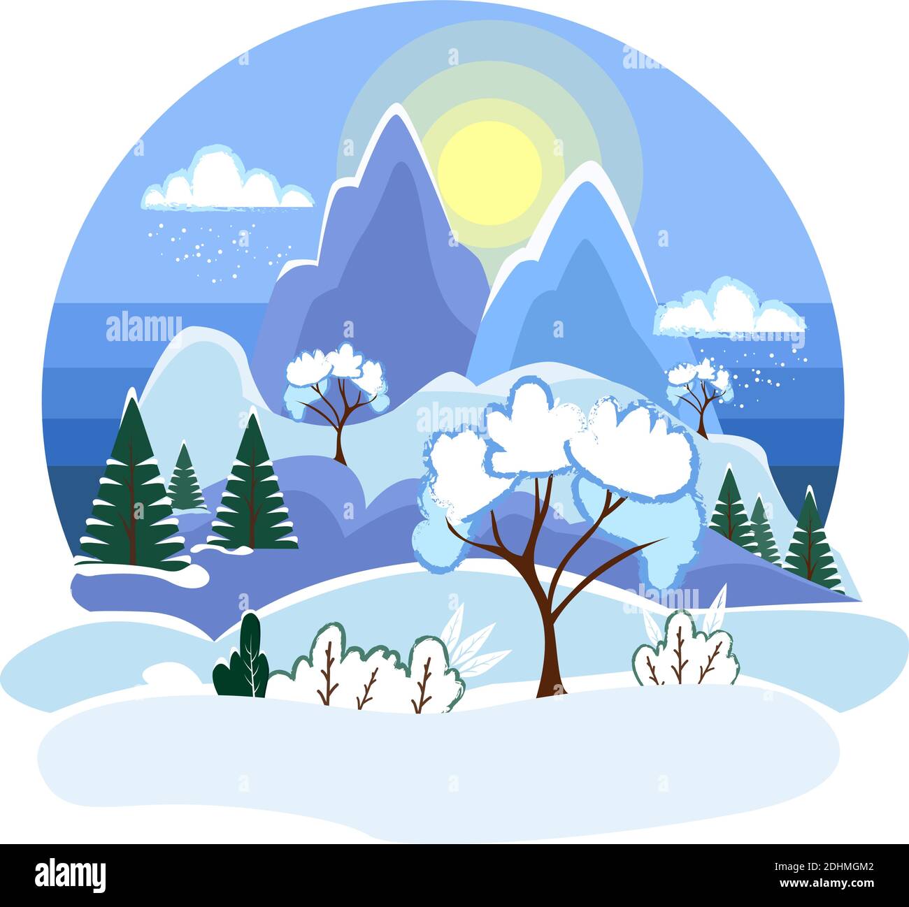 Winter landscape with a rising sun, mountains and fields in a round ...
