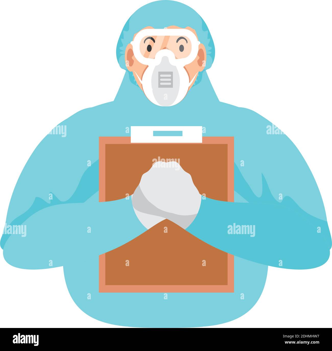 doctor in safety protection suit dress, mask, glasses and clipboard ...